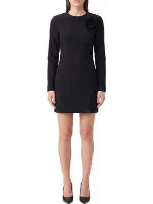 ROTATE BY BIRGER CHRISTENSEN Flower-appliqué Long-sleeved Crêpe Mini Sheath Dress - Black