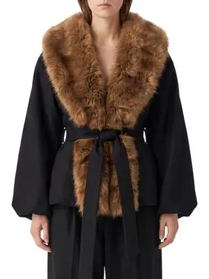 ROTATE BY BIRGER CHRISTENSEN Faux Fur Short Coat With Shawl Collar - Black
