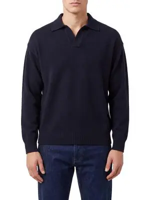 ROBERTO COLLINA Long-sleeved Merino Wool Knit Polo Shirt - Navy