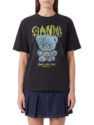 GANNI Ganni Teddy Bear Graffiti Logo Print Organic Cotton T-Shirt Black