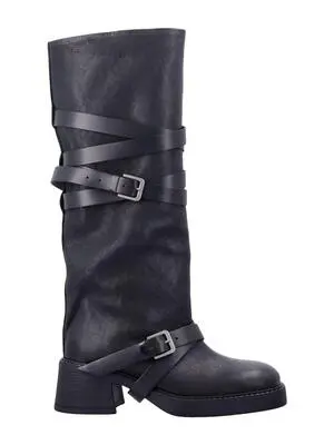 MIISTA Knee-high Strapped Cowhide Biker Boots - Black