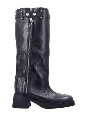 MIISTA Knee-high Leather Biker Boots With Side Zip - Black