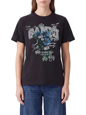 GANNI Ganni Organic Cotton Floral And Graffiti Logo Print T-Shirt