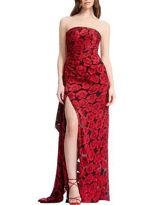Dress The Population Lulu Strapless Rose Print Gown - Rouge Multi