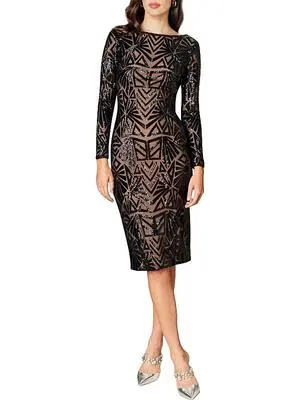 Dress The Population Emery Long Sleeve Chevron Sequin Midi Dress - Black