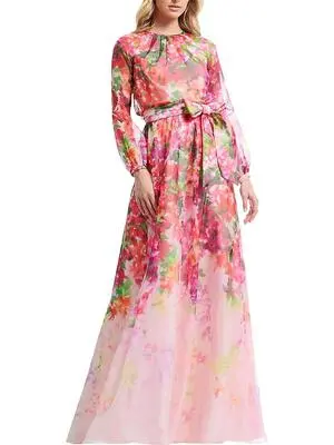 Dress The Population Floral Print Long Sleeve Belted Gown - Blush Multi
