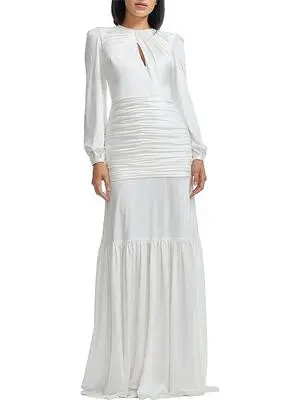 Dress The Population Lucille Long Sleeve Keyhole Neck Ruched Tiered Gown - White
