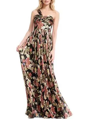 Dress The Population Idalia Abstract Floral Print One-shoulder Gown - Black Multi