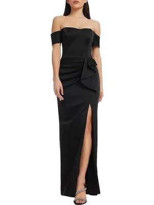 Dress The Population Gabrielle Off-the-shoulder Satin Ruffle Gown - Black