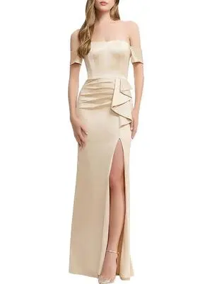 Dress The Population Gabrielle Off-the-shoulder Satin Ruffle Gown - Champagne