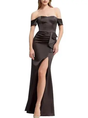 Dress The Population Gabrielle Off-the-shoulder Satin Ruffle Gown - Mocha