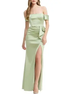 Dress The Population Gabrielle Off-the-shoulder Satin Ruffle Gown - Sage