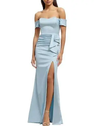 Dress The Population Gabrielle Off-the-shoulder Satin Ruffle Gown - Sky