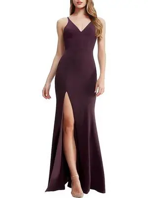 Dress The Population Iris V-neck High Slit Mermaid Gown - Midnight Plum