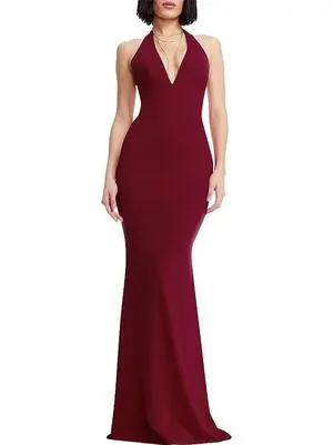 Dress The Population Camden Halter Plunge V-neck Mermaid Gown - Garnet
