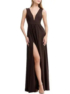Dress The Population Katrina Plunge V-neck High Slit Gown - Mocha