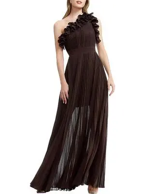 Dress The Population Vida One Shoulder Pleated Ruffle Gown - Mocha