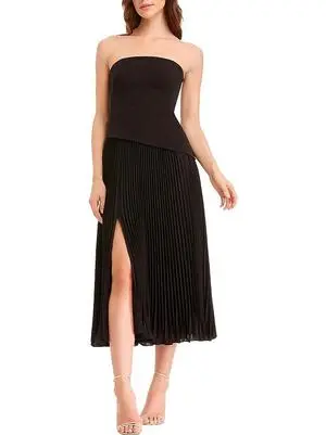 Dress The Population Dress The Population Kacey Strapless Peplum Pleated Midi Dress Black