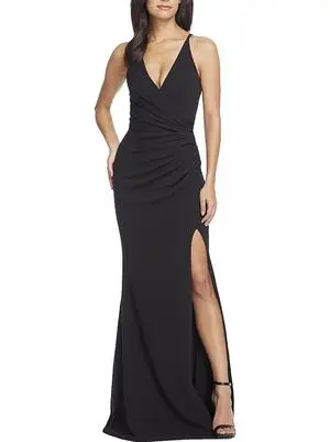 Dress The Population Jordan Plunge Neck Ruched High Slit Gown - Black