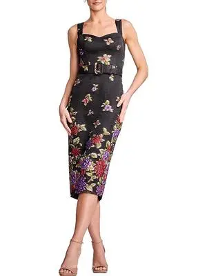Dress The Population Nicole Belted Floral Organza Midi Dress - Black Multi