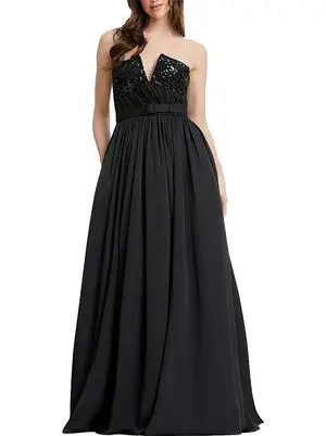 Dress The Population Strapless Plunge Sequin Bodice Belted Gown - Black