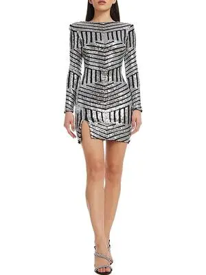 Dress The Population Nathalia Geometric Sequin Stripe Mini Dress - Silver-black