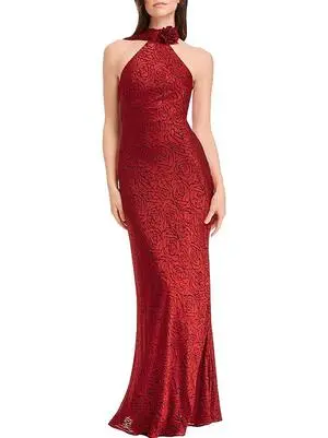 Dress The Population Olivia Rose Print Halter Neck Gown - Rouge Multi