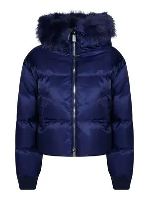 Pinko Padded Quilted Satin Bomber Jacket With Fur Hood - Blu