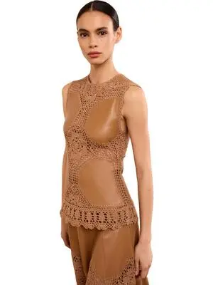 Ulla Johnson Livia Sleeveless Crochet & Leather Top - Camel