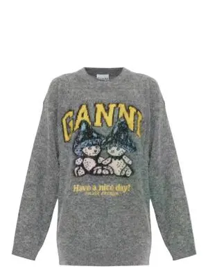 GANNI Intarsia Logo Knit Sweater - Grey