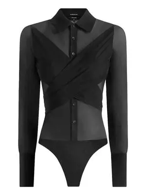 Manière De Voir Sheer Crossover Shirt Bodysuit - Black