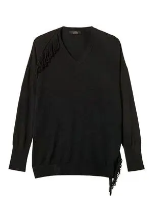 TWINSET Asymmetrical Fringed V-neck Jumper - Black