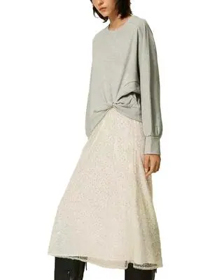 TWINSET Plush Fabric And Embroidered Tulle Long Dress - Grey