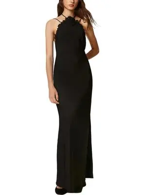 TWINSET Long Satin Dress With Floral Embroidery - Black