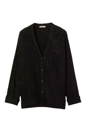 TWINSET Wool Blend Cardigan With Rhinestone Embellishments - Black