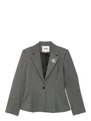 Maje Single-breasted Peplum Blazer With Flower Brooch - Grey