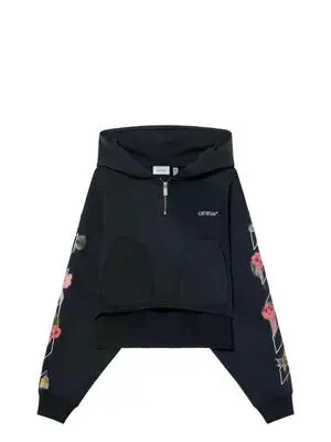 Off-White Cropped Floral Print Hoodie With Kangaroo Pocket - Black
