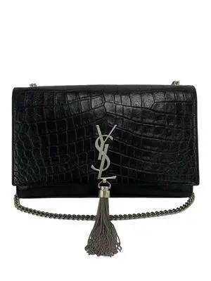 Saint Laurent Medium Croc Embossed Leather Monogram Kate Tassel Crossbody Bag - Black