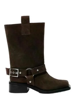 GANNI Mid-shaft Suede Biker Boots - Brown