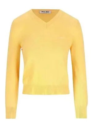 Miu Miu Miu Miu V-Neck Wool Cardigan With Intarsia Logo Yellow