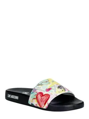Moschino MOSCHINO Heart-Print Logo Slides Neutrals