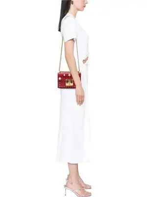 Gucci Small Pearl Studded Leather Padlock Crossbody Bag - Red