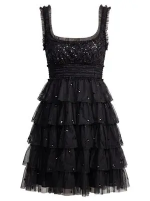 Mac Duggal Tulle Sleeveless Square Neck Ruffle Mini Dress - Black