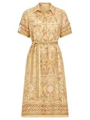 EXQUISE Printed Ramie Midi Shirt Dress - Gold/yellow