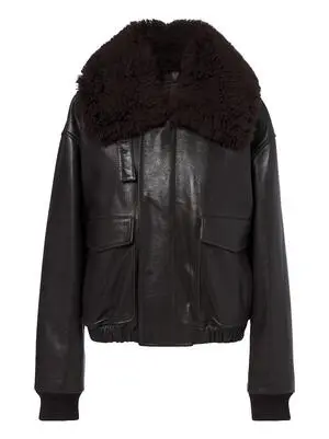 LEMAIRE Shearling-trimmed Leather Blouson Jacket - Brown
