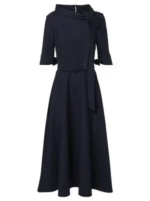 Oscar De La Renta Belted Tie-neck Wool-blend Midi Dress - Blue