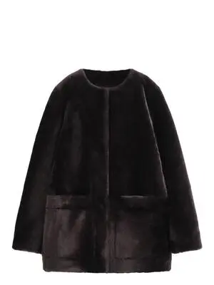 Cos Collarless Shearling Jacket - Brown