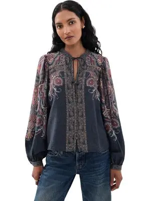 Sea Hyacinth Paisley Print Puff Sleeve Top - Navy