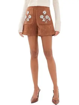 LEO LIN Embellished Vegan Suede Shorts - Chestnut