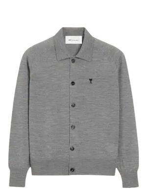 AMI Paris Merino Wool Cardigan With De Coeur Embroidery - Grey